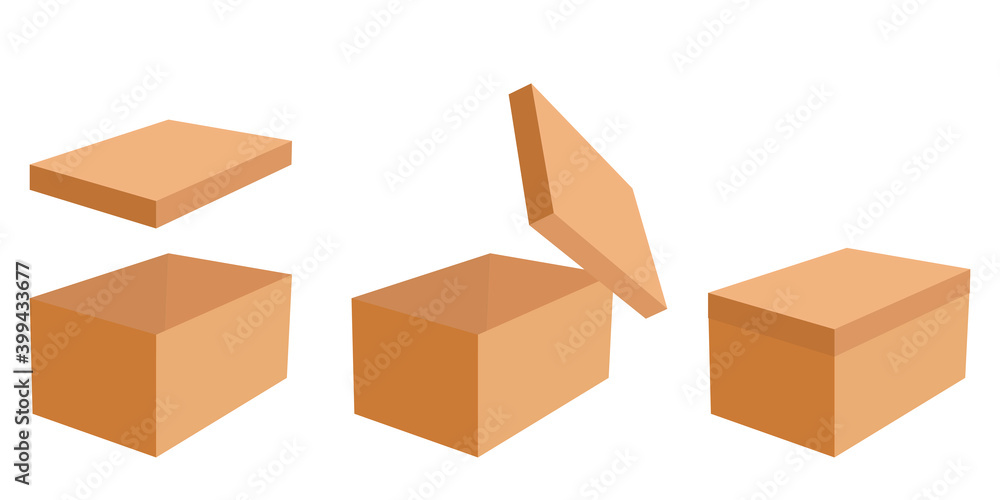 Cartoon set with beige boxes open on white background. Empty open gift ...