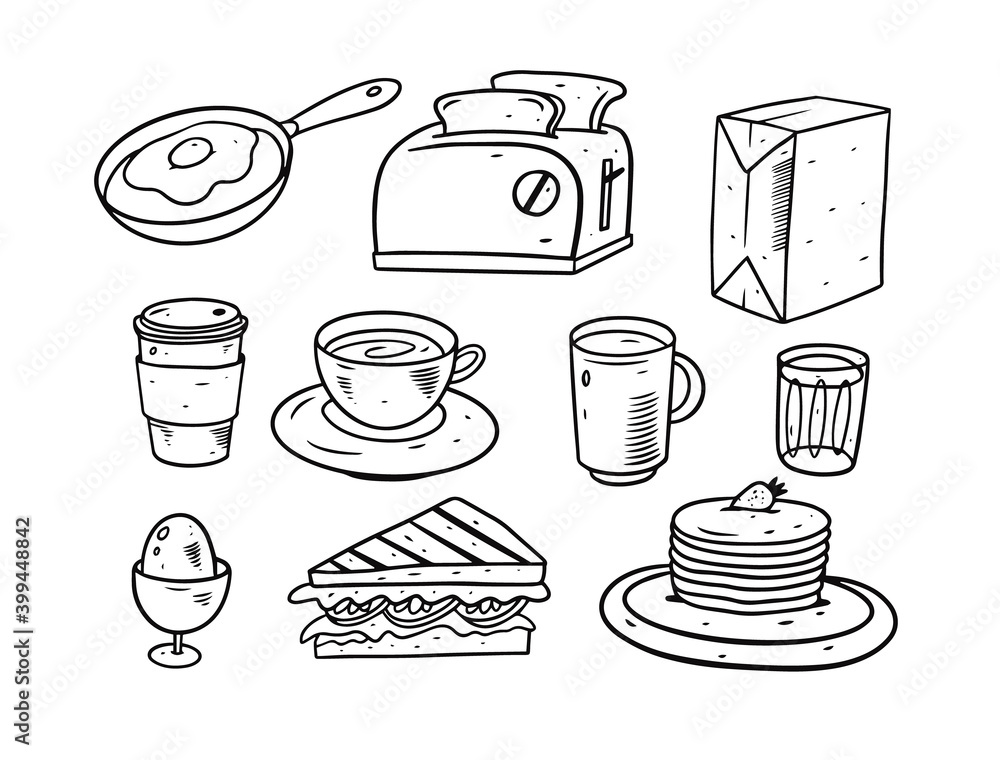Breakfast doodle elements set. Hand drawing vector illustration ...
