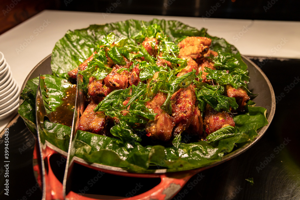 Deep fried crocodile meat on leaves, Asia Thai food Stock Photo | Adobe ...