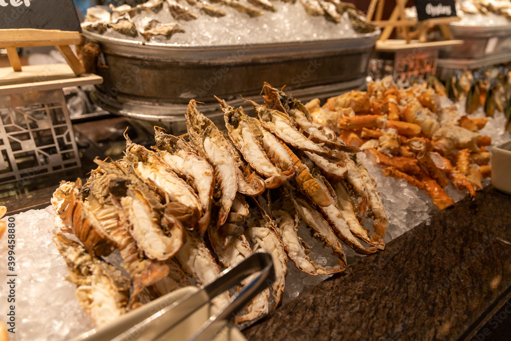 Mussels, shrimps, crabs at a seafood buffet Stock Photo | Adobe Stock