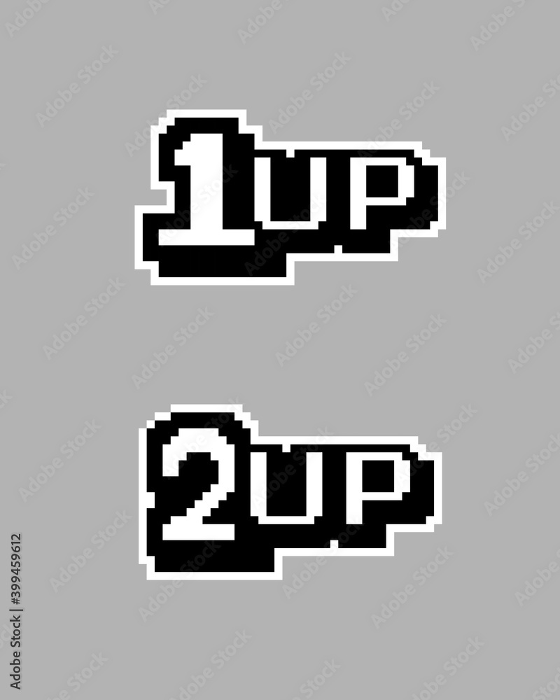 Extra life pixel image, 1up and 2up in game. Vector illustration of ...