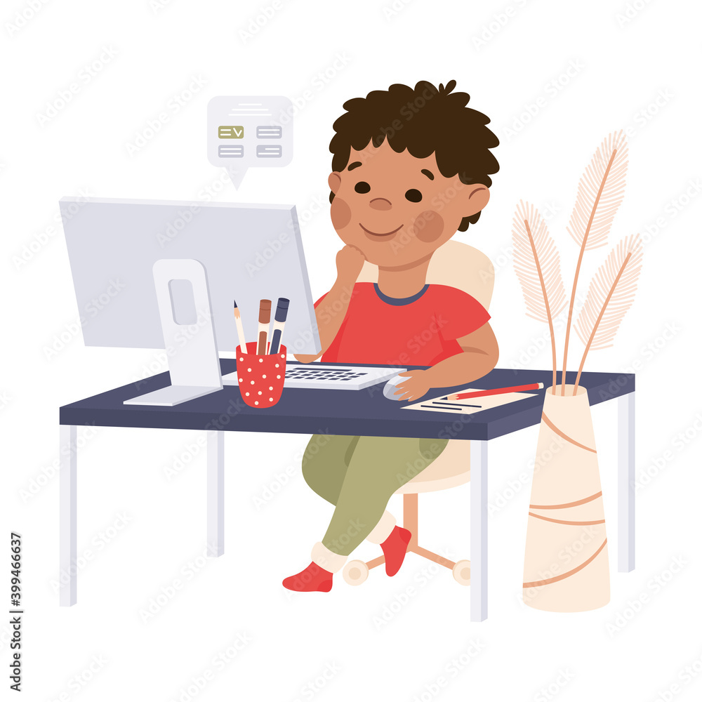 Boy Sitting at his Desk, Kid Studying Online Using Computer ...