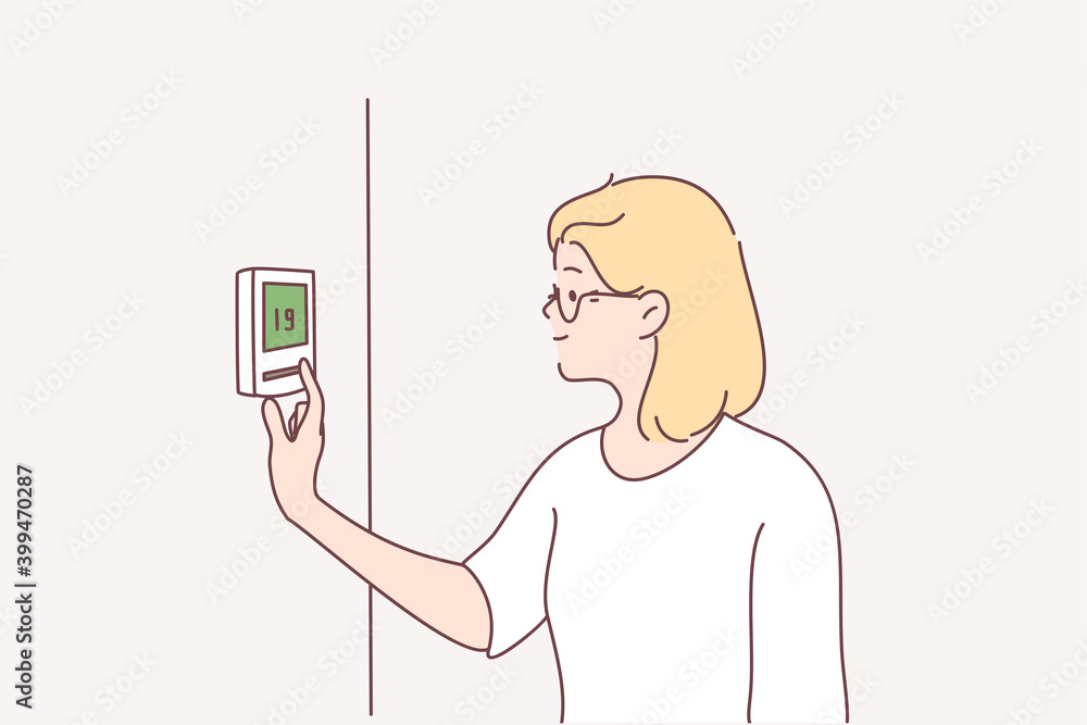 Central heating, air conditioning concept. Portrait of smiling blonde ...