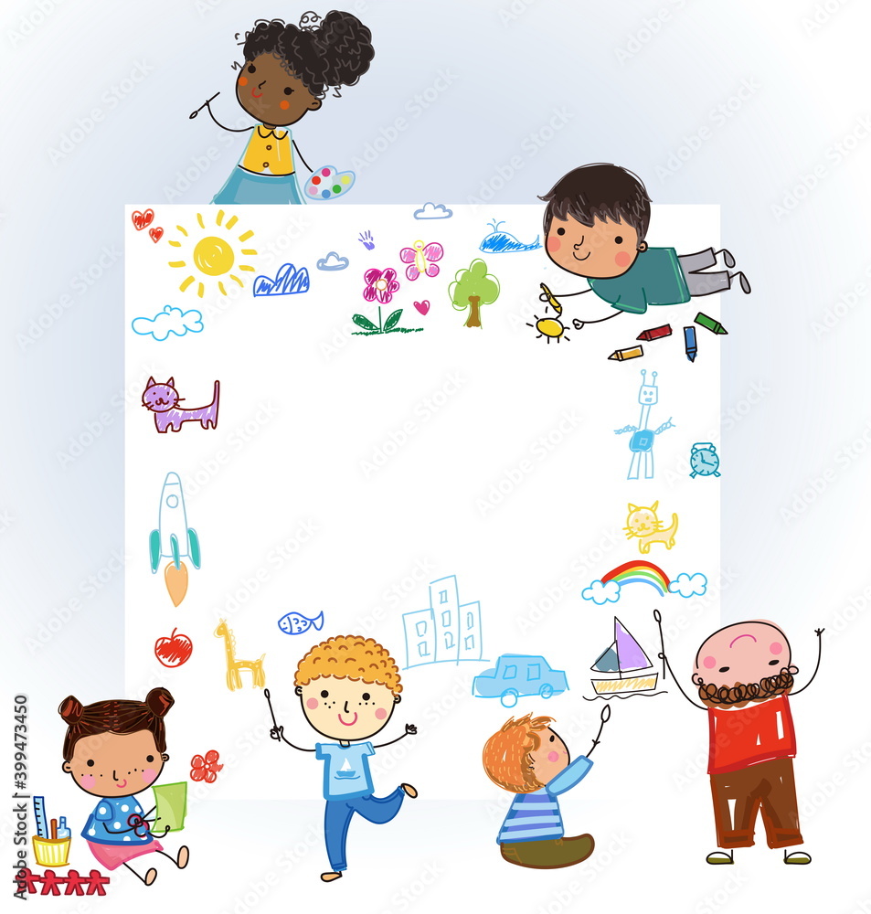 Group of happy children drawing and doing different activities. Stock ...