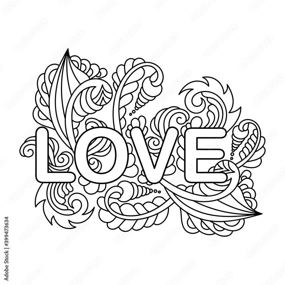 Word Love for coloring book. Coloring page for adult and older children ...