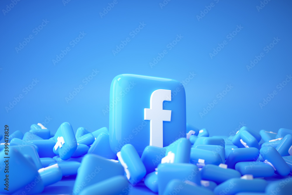3D Pile of Facebook logo background. Facebook the famous social media ...