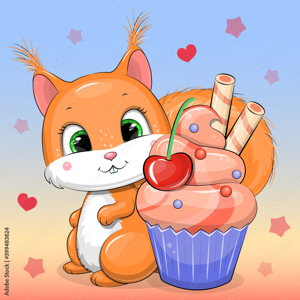 Cute cartoon squirrel with cupcake. Vector illustration of animal on ...