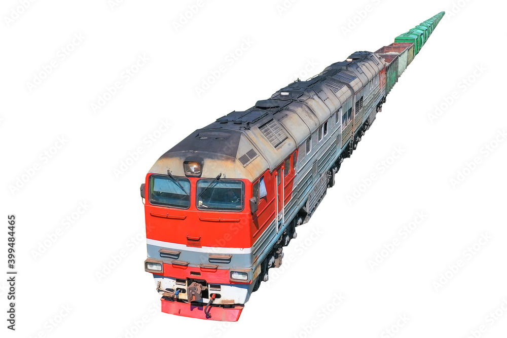 Freight train with diesel locomotive isolated on white background ...