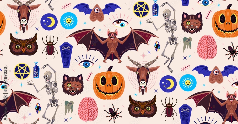 Occultism Set. Seamless Pattern With Magic Characters. Goat, Pumpkin ...