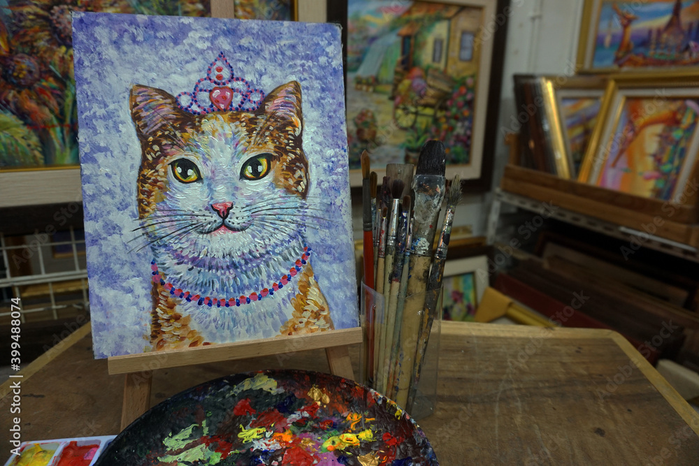 Hand drawn Modern , Art painting Oil color Cute Cat , Palette and ...
