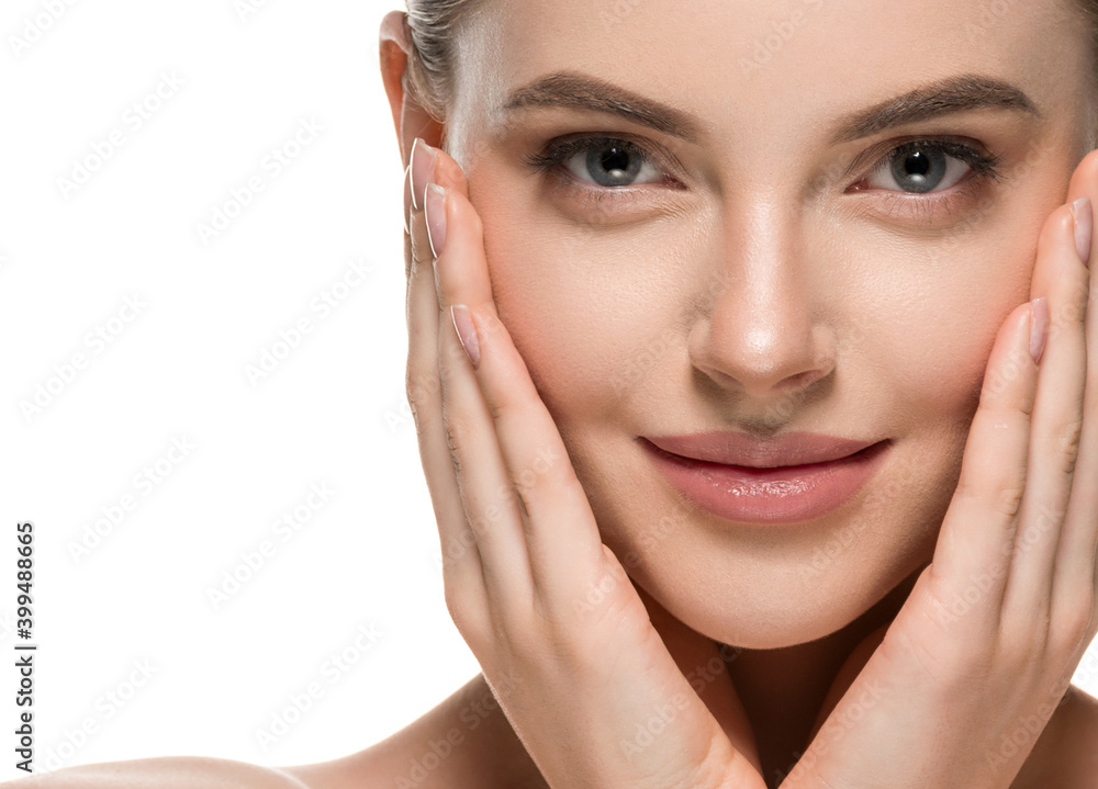 Beautiful woman face hands touching cheeks with healthy clean beauty ...