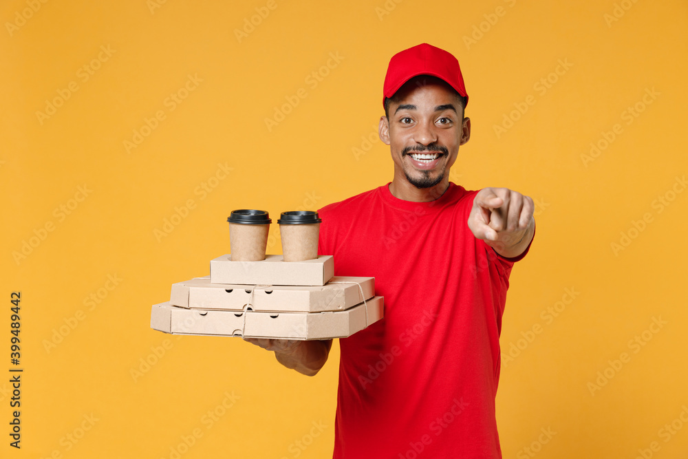 Delivery employee african man 20s in red cap blank print t-shirt ...