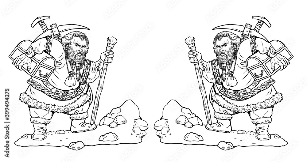Brave dwarf on a treasure hunt. Fantasy drawing with dwarfs. Stock ...
