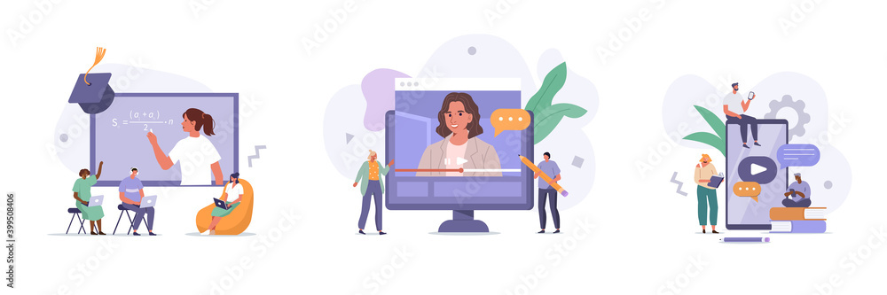 People Characters Having Video Call with Teacher on Laptop and ...