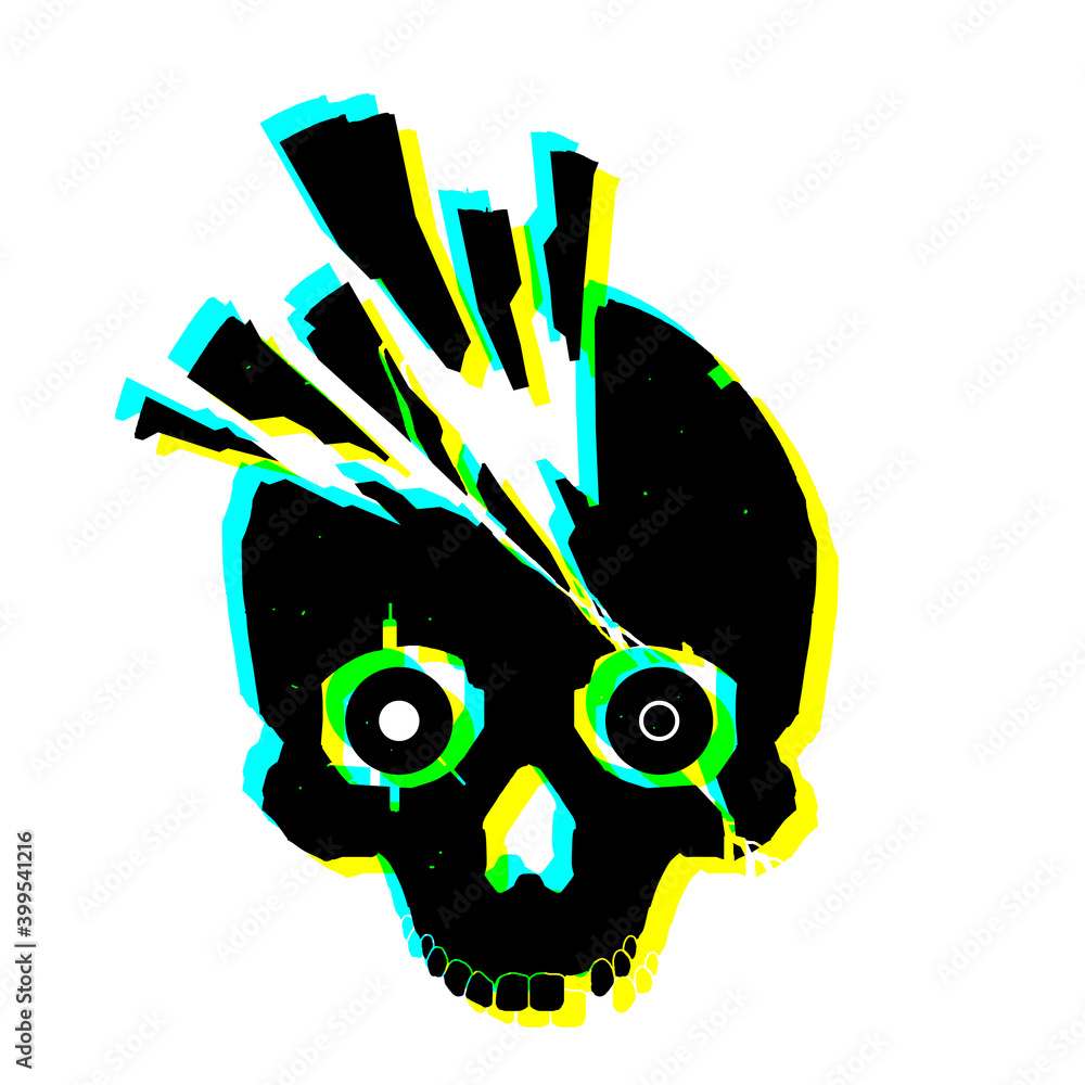 Cyberpunk skull glitch effect illustration sketch art isolate ...
