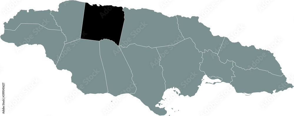 Black location map of Jamaican Trelawny parish inside gray map of ...