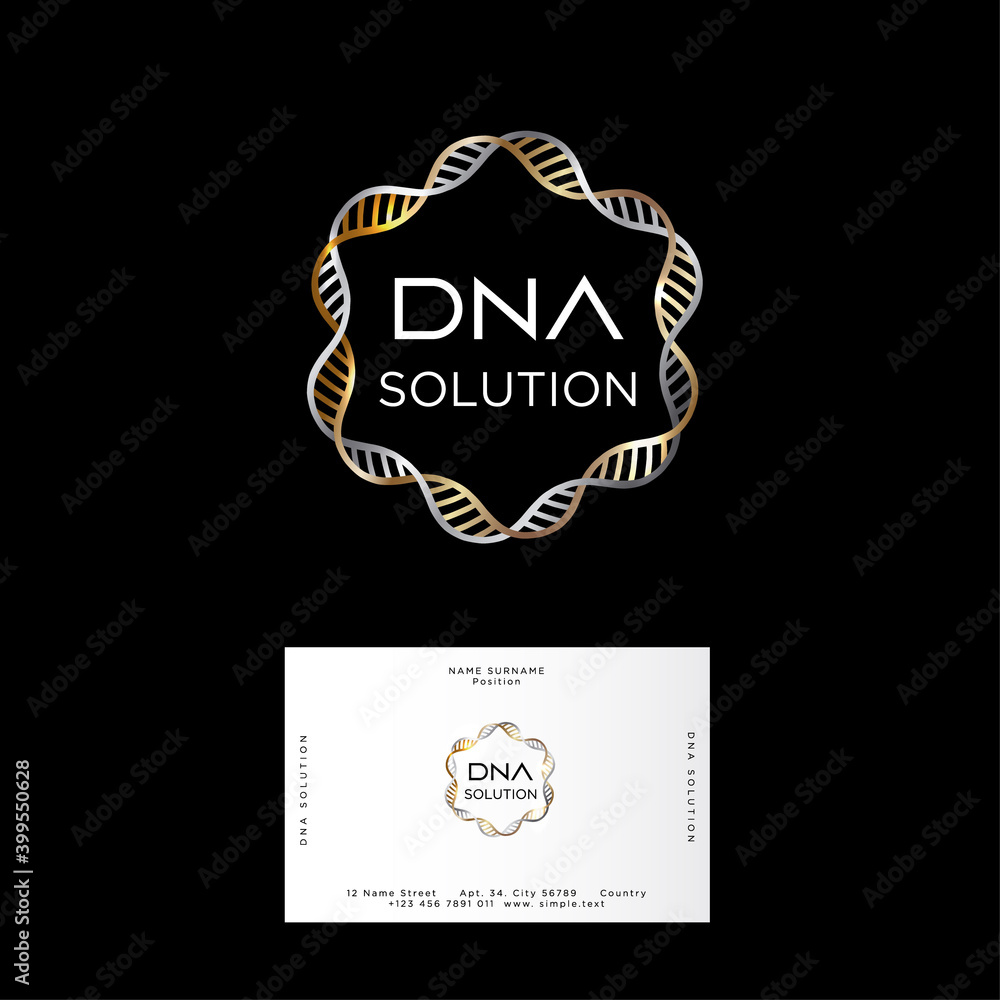 DNA solution logo. DNA emblem consist of gold and silver double spiral ...