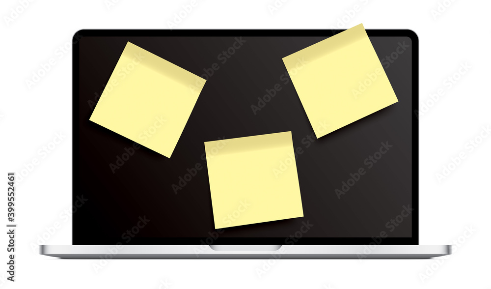 Open laptop with yellow sticky notes on the black screen, isolated on a ...