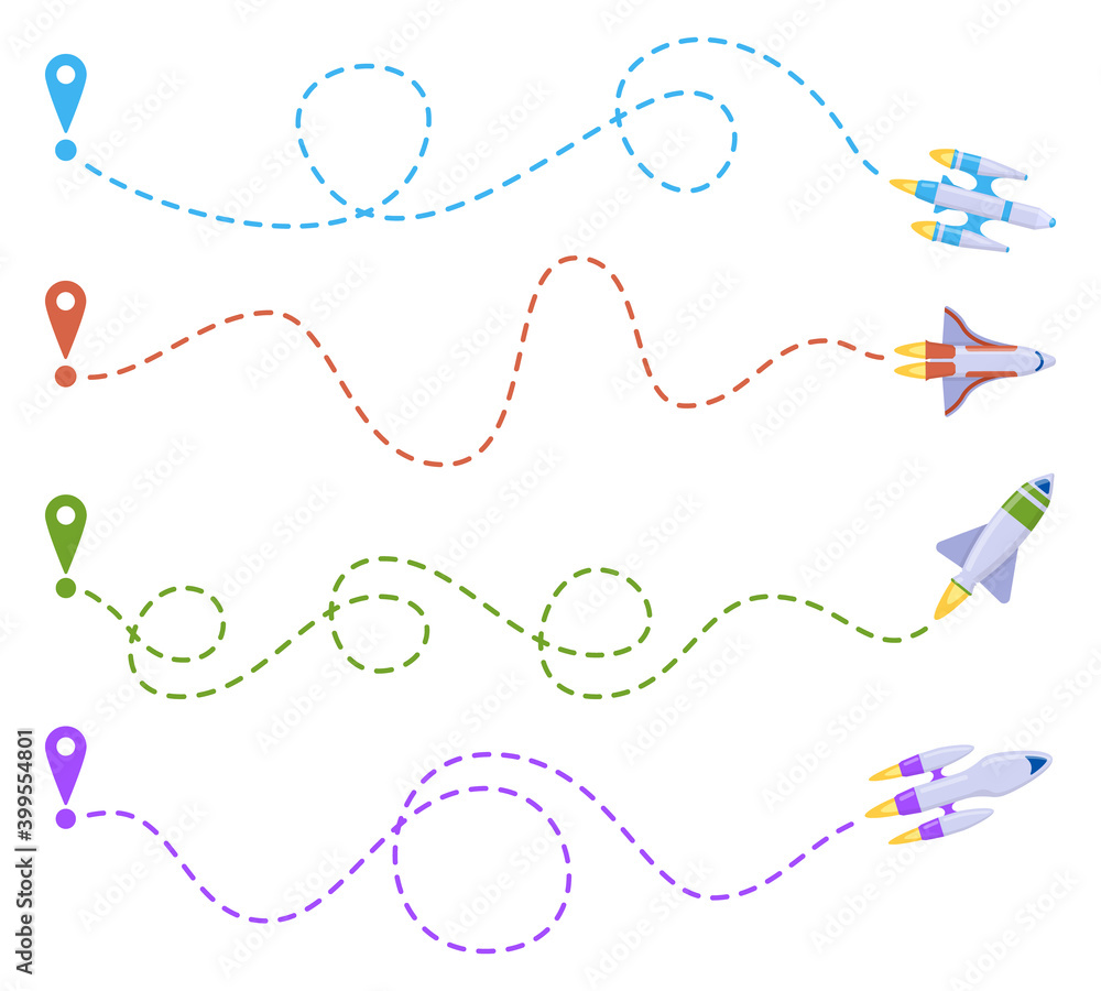 Rocket line route. Space travel dashed line trace, spacecraft ship ...