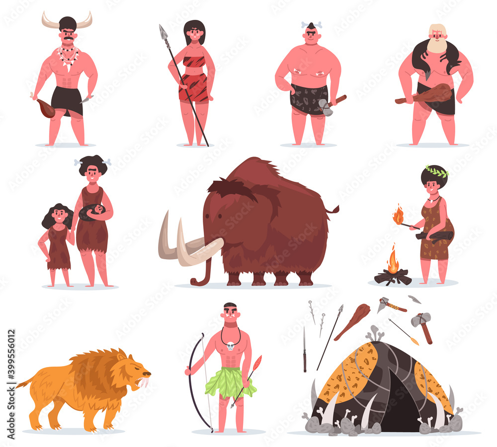 Stone age characters. Caveman, primitive characters, ancient animals ...