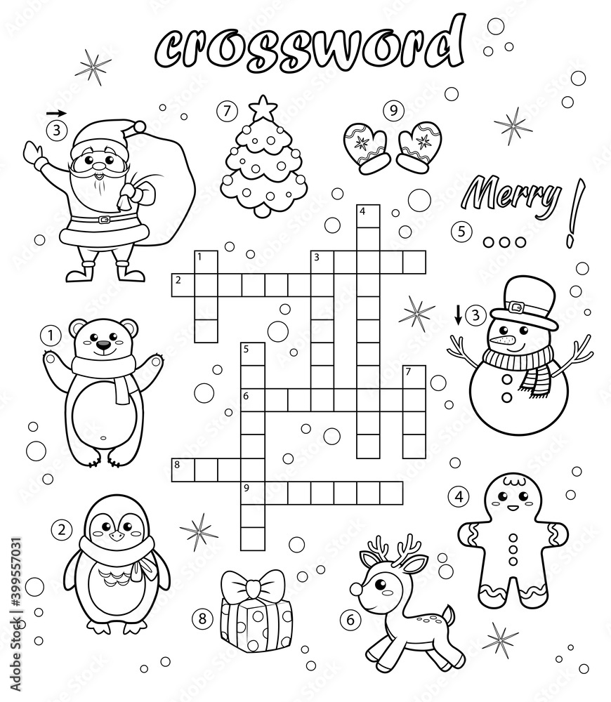 Crossword puzzle game of Christmas and New year theme. Black and white ...