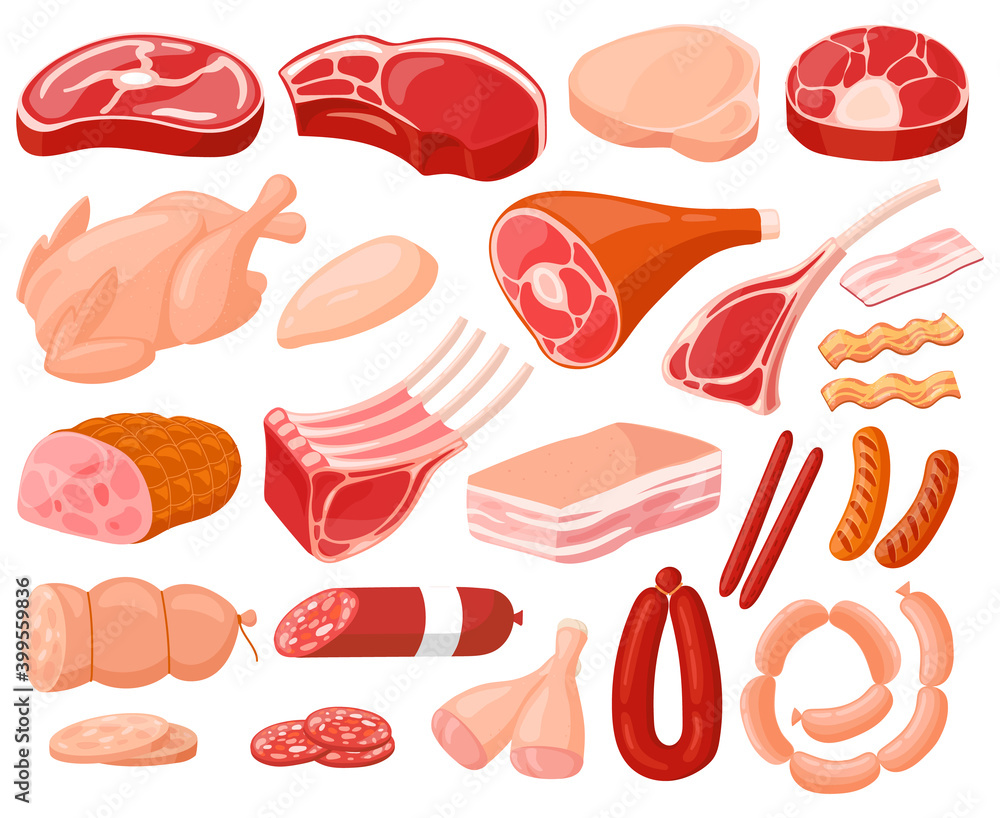 Meat products. Cartoon butchery shop food, chicken, beef steak, pork ...