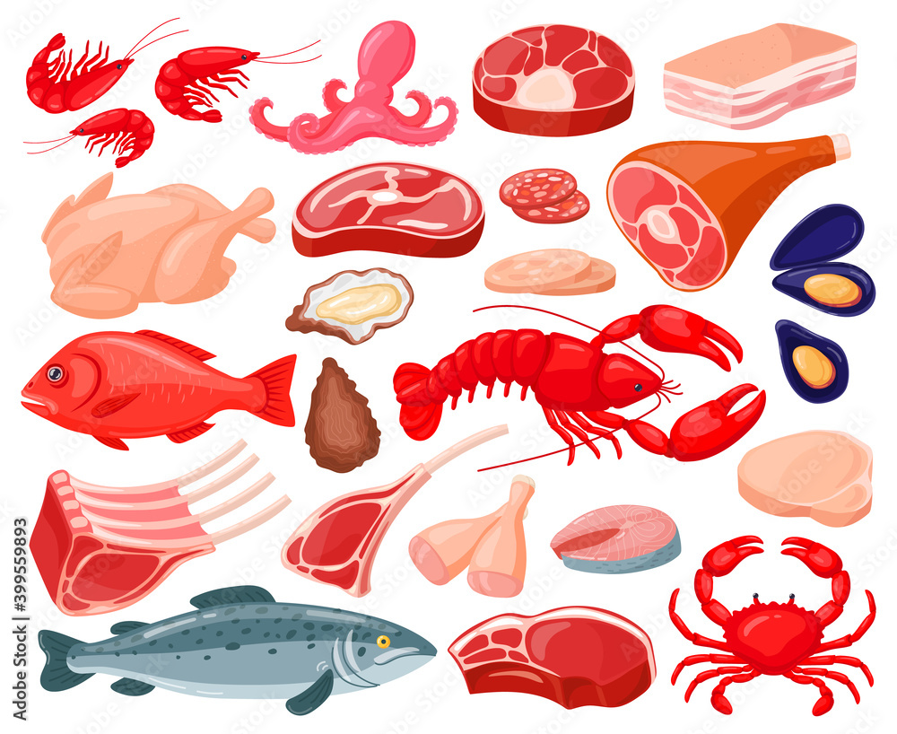 Meat food. Cartoon seafood and butcher shop food, shrimps, salmon ...