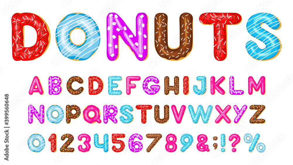 Donut alphabet. Sweet bakery donut font, pink, blue and red glazed ...
