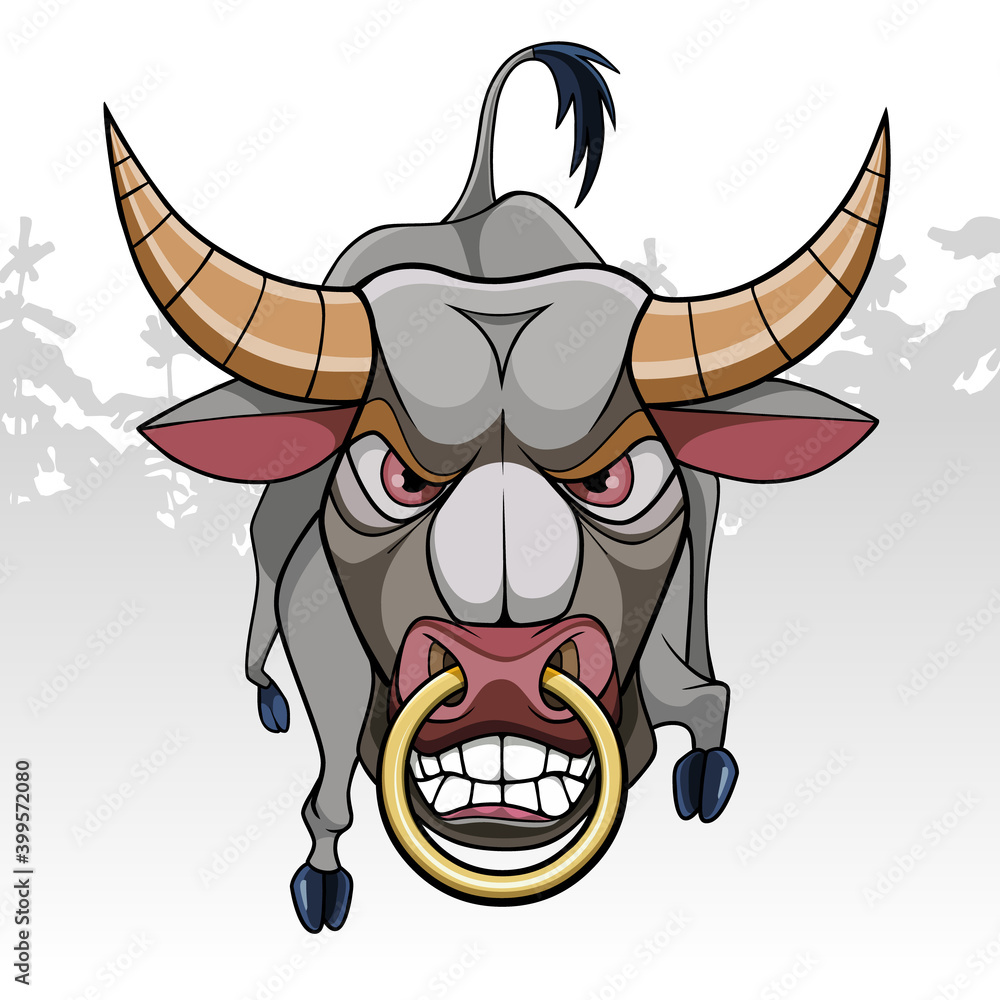 cartoon angry bull with a nose ring on a gray forest background Stock ...