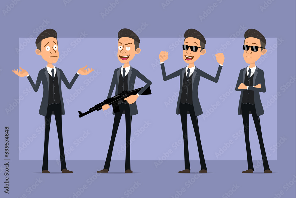 Cartoon flat funny mafia man character in black coat and sunglasses ...