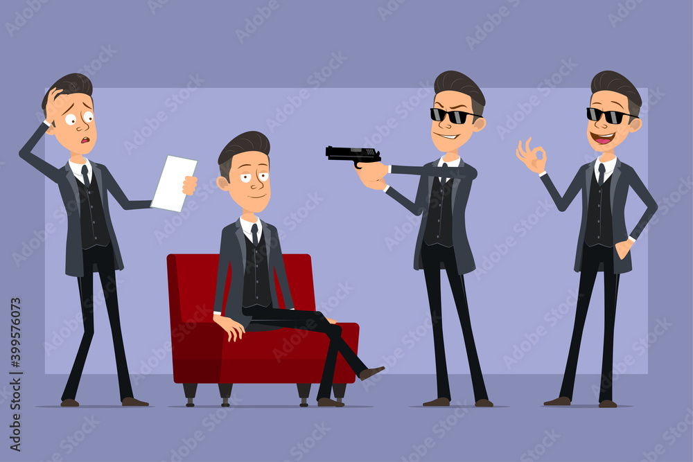 Cartoon flat funny mafia man character in black coat and sunglasses ...
