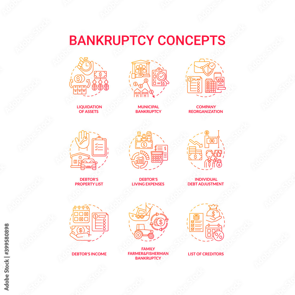Bankruptcy red gradient concept icons set. Economic difficulty. Debtor ...