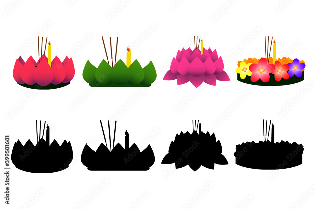 Loy Krathong,Set of coloiful and silhouette Krathong design isolated on ...