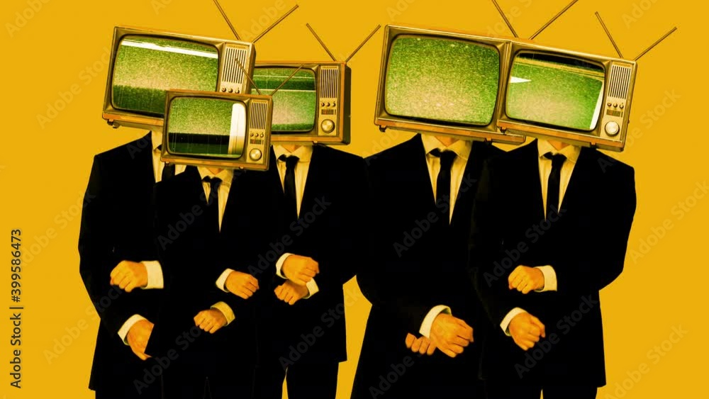 Men dancing, wearing suit with TV on head Stock Video | Adobe Stock