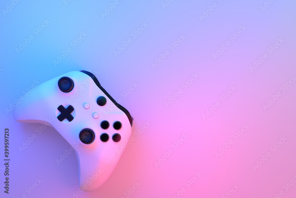 Realistic video game controller in neon lights on white table ...