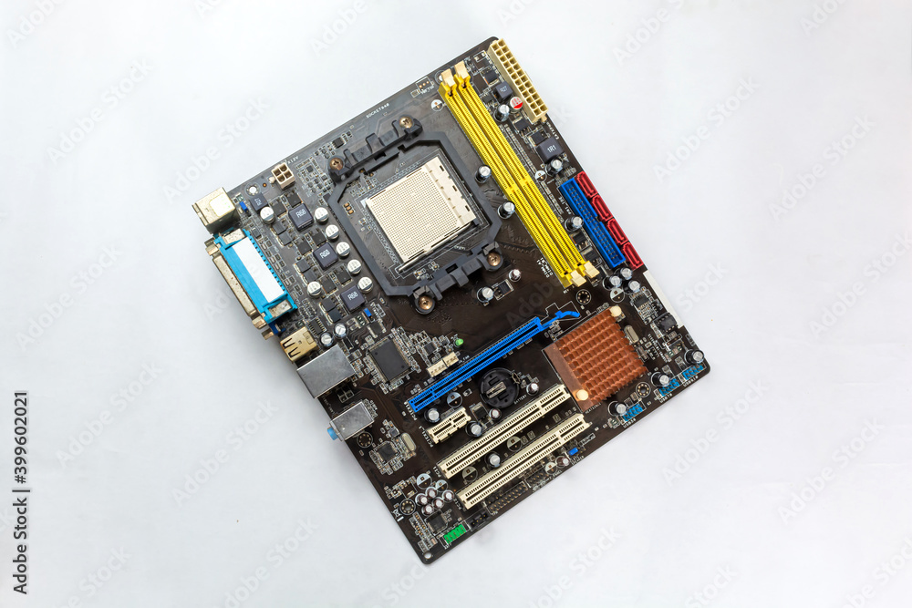 Old computer motherboard on white isolated background. Stock Photo ...