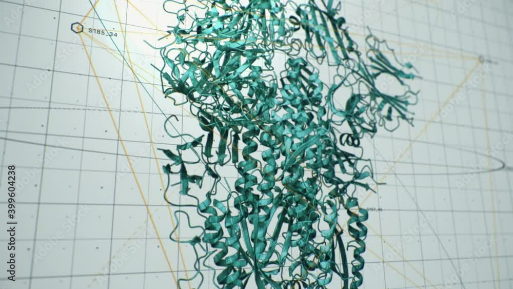 A close-up of a virus spike protein structure appearing on a screen ...