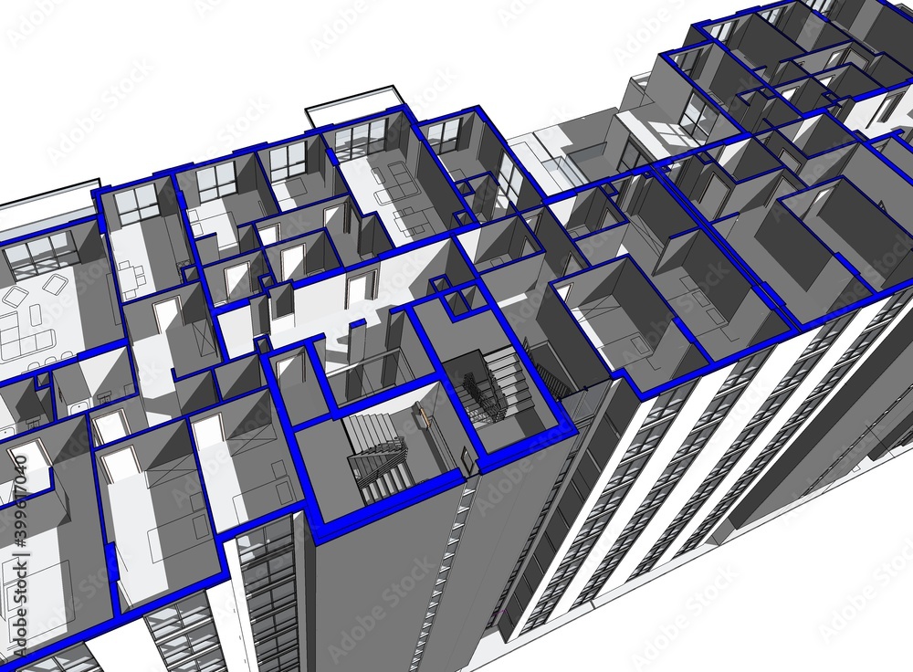 3d illustration of a modern residential building. Partial cross section ...