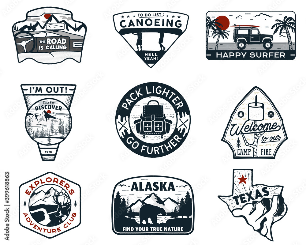 Vintage hand drawn travel badges set. Camping labels concepts. Mountain ...