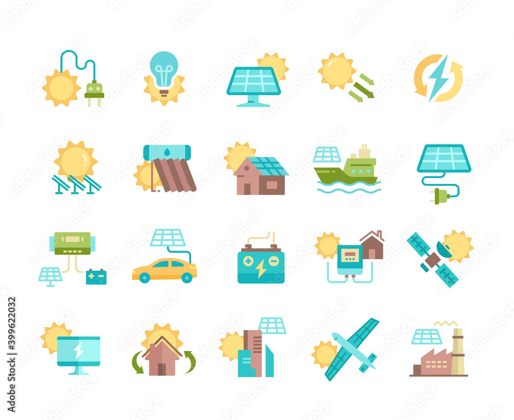 Solar panel colored icon set. Sun power photovoltaic PV home system and ...
