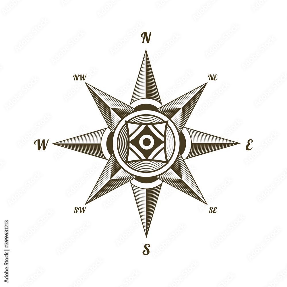 Nautical antique compass sign. Old vector design element for marine ...