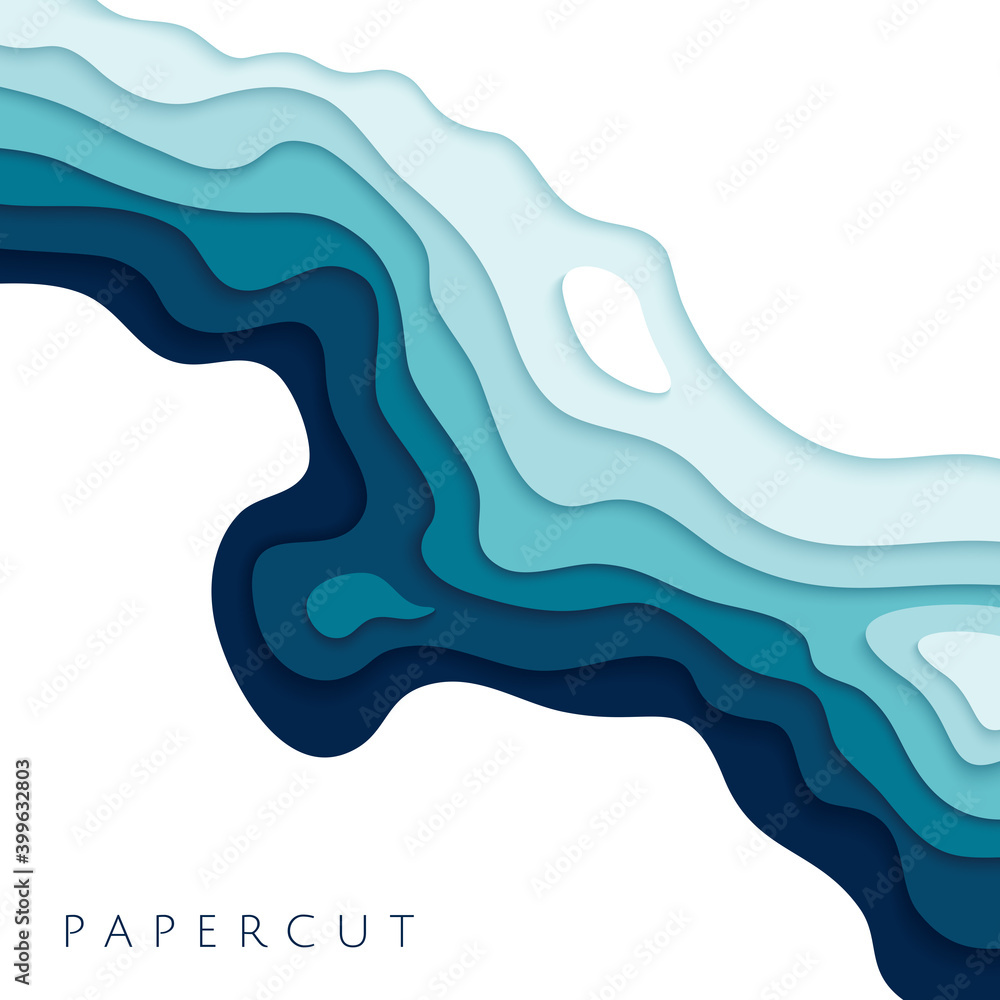 Abstract blue paper cut vector realistic relief. Background template ...