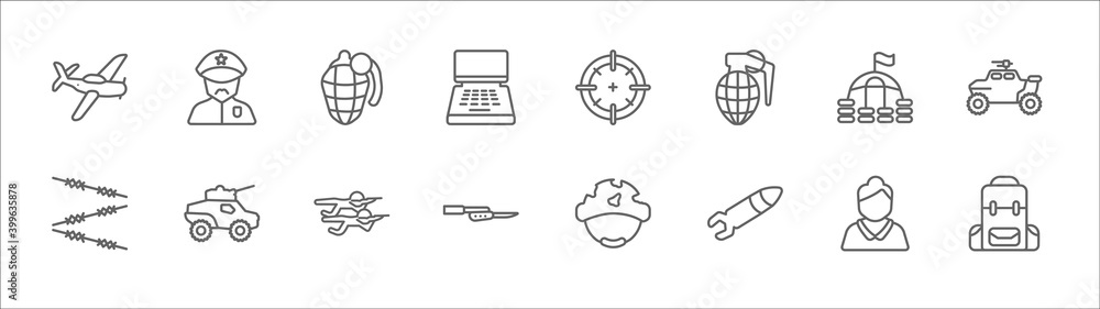 outline set of army and war line icons. linear vector icons such as ...