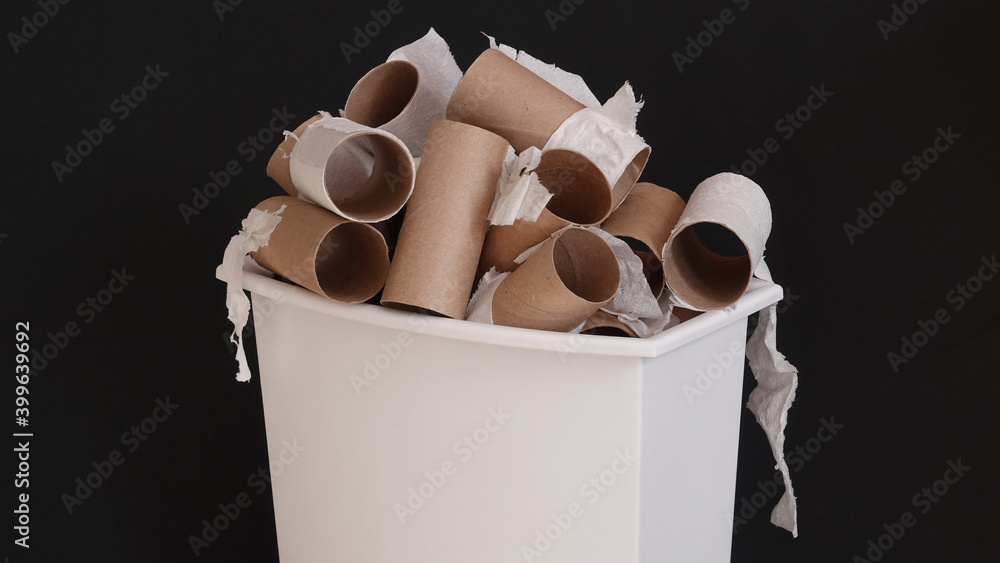 Used and empty toilet paper cardboard rolls are shown piled up in a ...