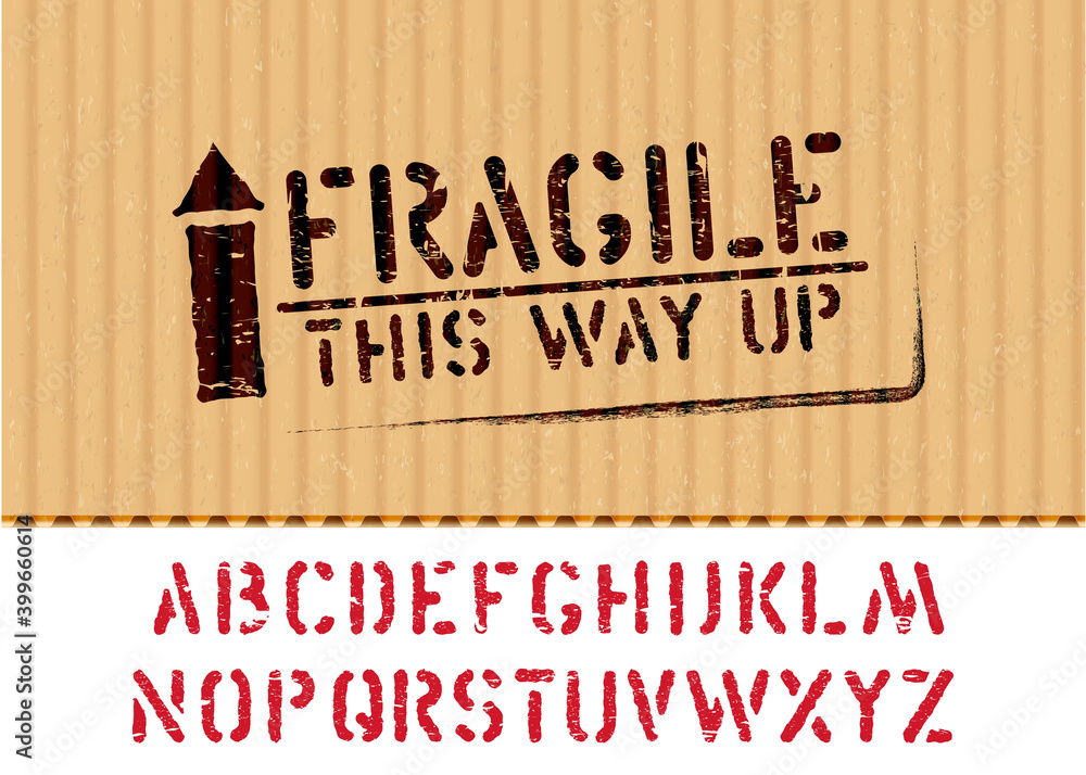 Grunge Fragile box sign with arrow up on piece of carton for logistics ...
