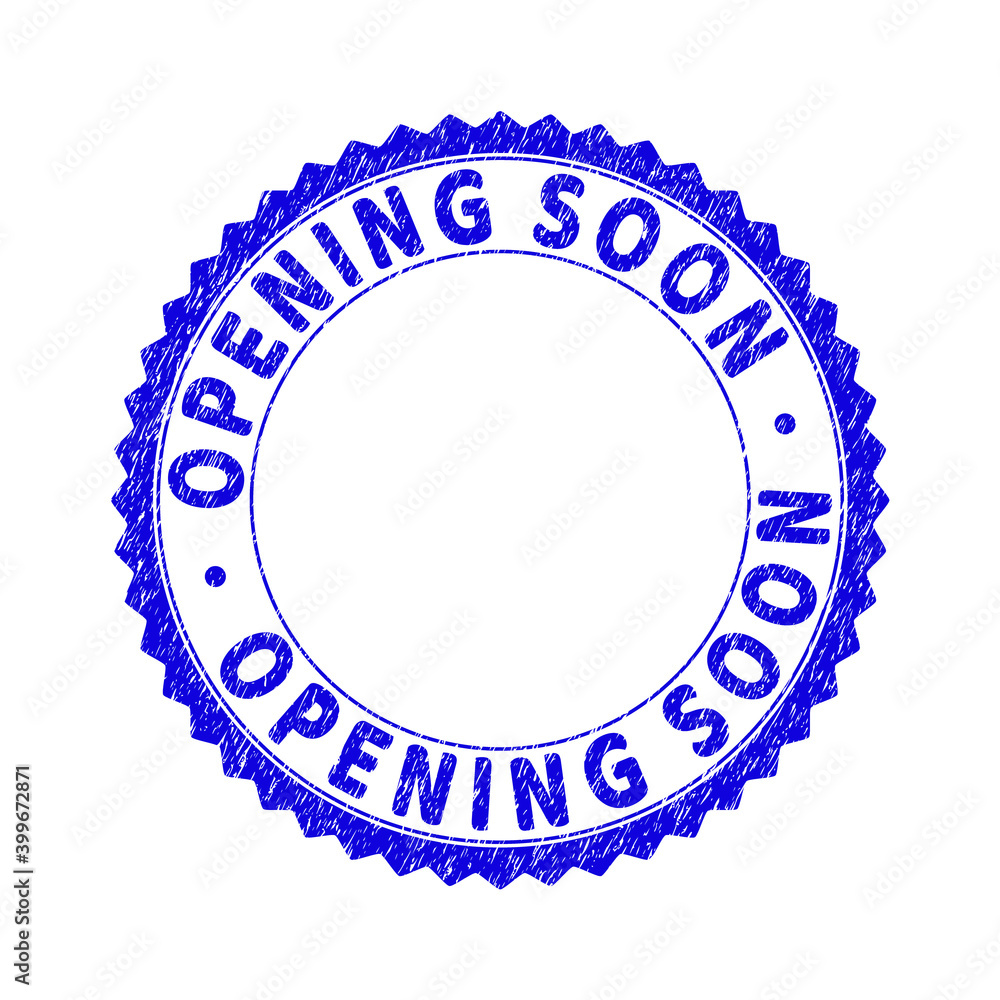 Grunge OPENING SOON round rosette stamp seal. Empty space inside circle ...