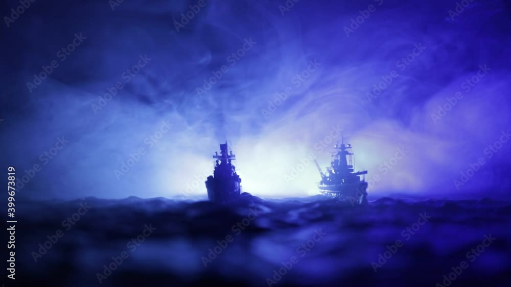 War concept. Night battle scene at sea. Dramatic toned clouds effect ...