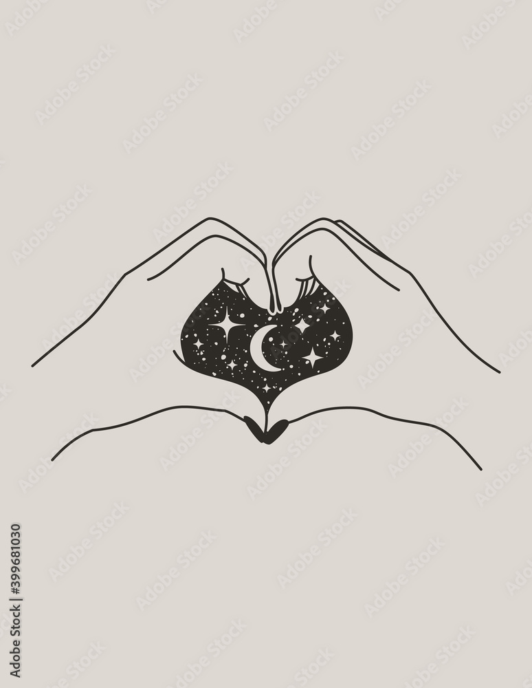 Mystical Female Hand Heart with Moon and Stars in Trendy Boho Style ...