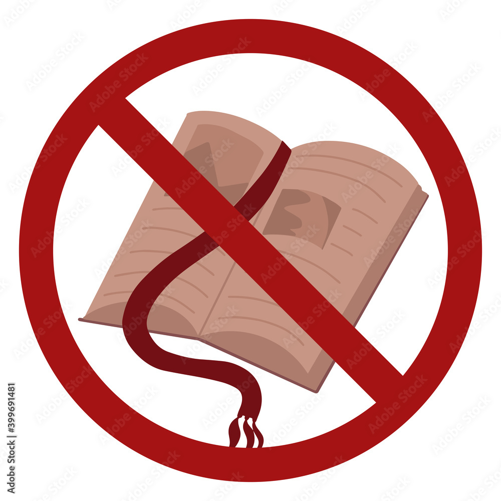 Open book with a bookmark in a forbidden sign. Ban on reading ...
