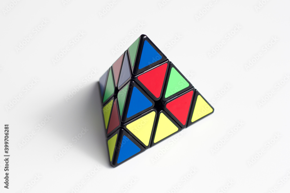 Portland, OR, USA - Apr 19, 2020: Scrambled Pyraminx isolated on white ...